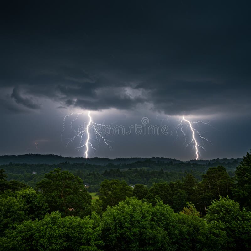 Double Lightning Strike Over Dark Green Hilly Landscape Stock ...