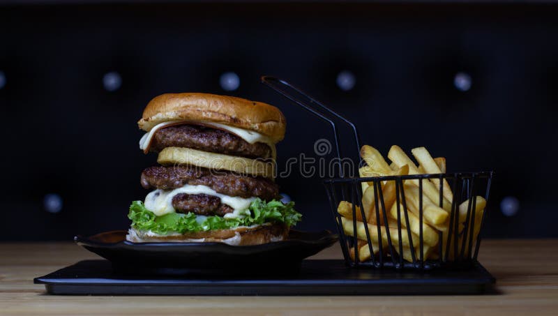 Double Meat Burger with Cheese and Lettuce Stock Image - Image of salad ...