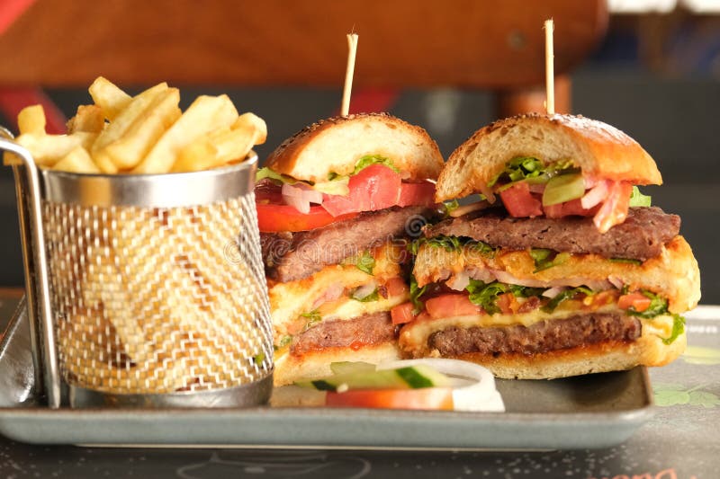 Double Meat Burger with Fried Onion Rings Stock Photo - Image of snack ...