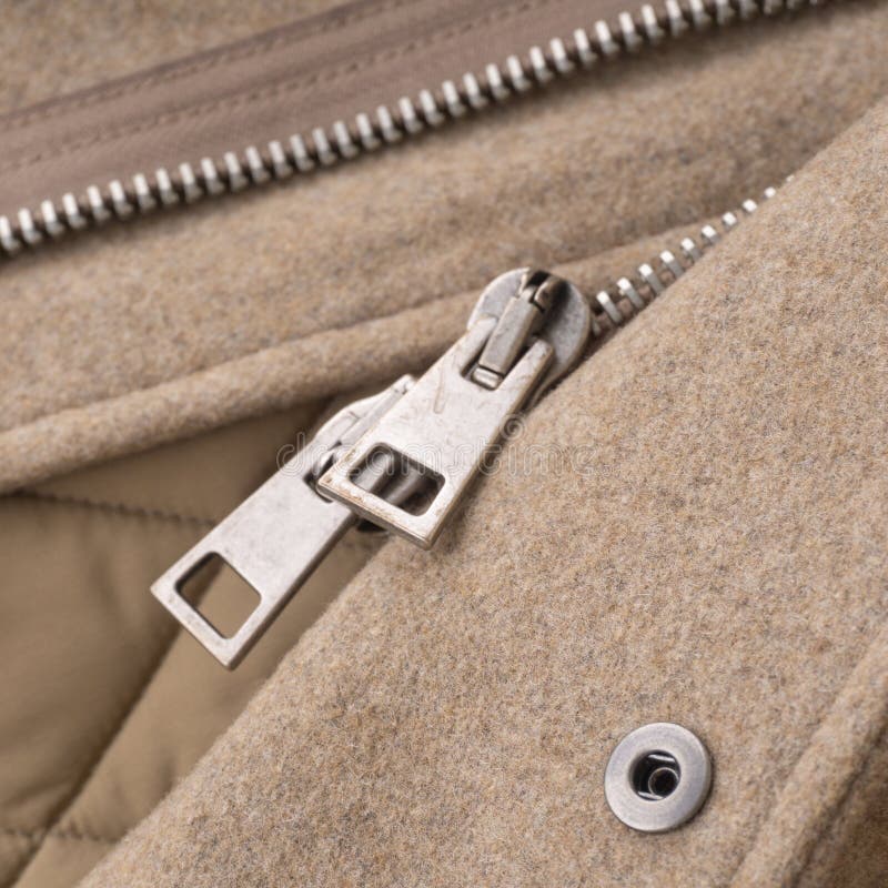 Double Metal Zipper of a Light Beige Wool Coat Stock Photo - Image of ...