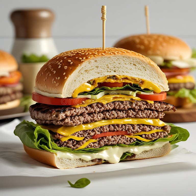 A Double Patty Burger Cut in Half on a White Table Stock Illustration ...