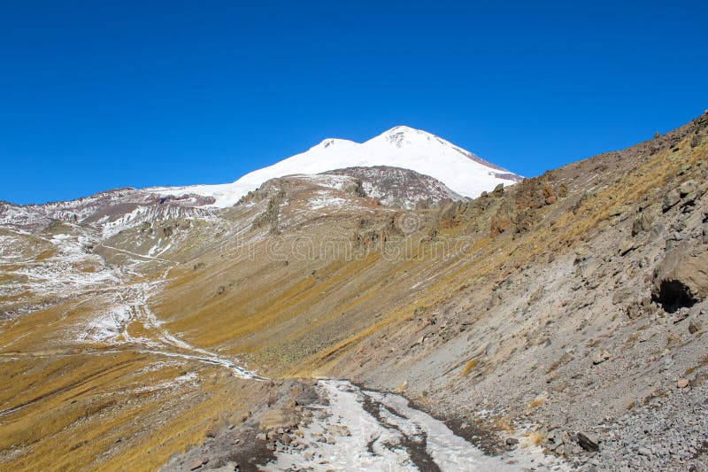 Double Peak of Mount Elbrus, the Highest Mountain in Europe Stock Photo ...