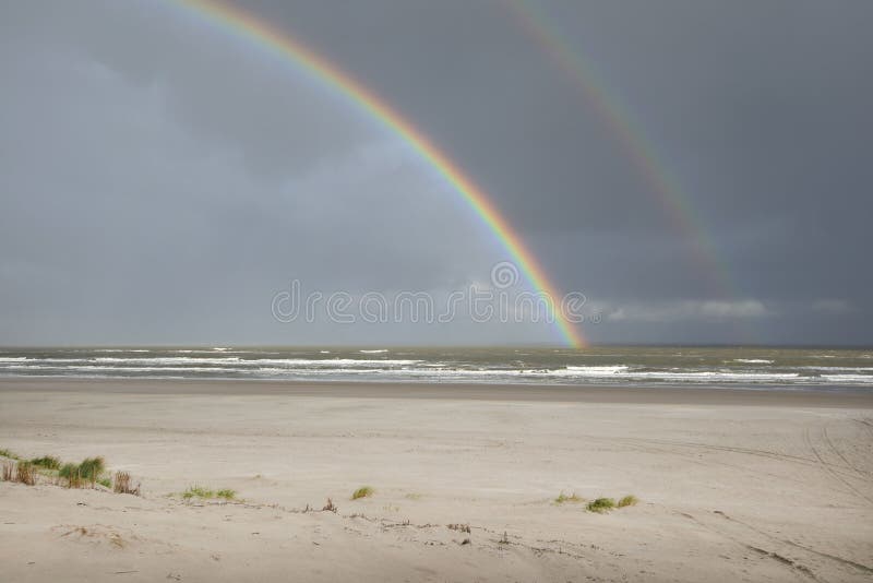 Double Rainbow Above the Sea and Beach. Stock Image - Image of natural ...