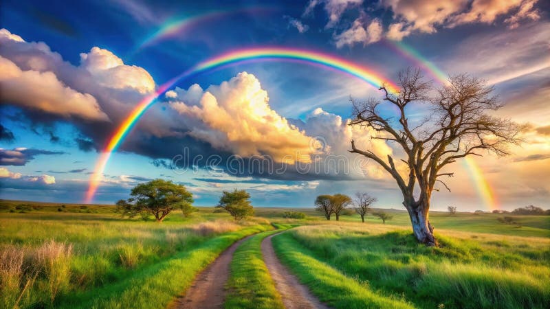 Double Rainbow Arcing Over Serene Meadow Landscape with Solitary Tree ...