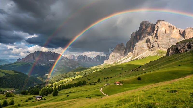 Double Rainbow Arcs Over Majestic Alpine Peaks Stock Illustration ...