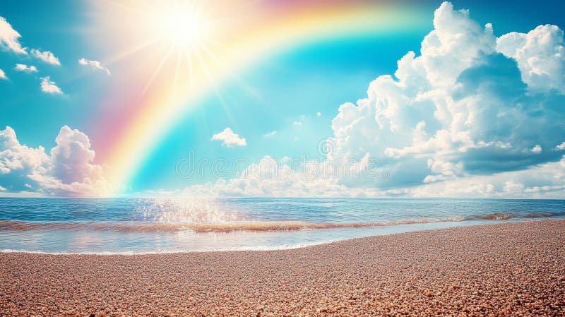 A Double Rainbow Beautifully Arcs Over a Calm Beach, Where the Sun ...