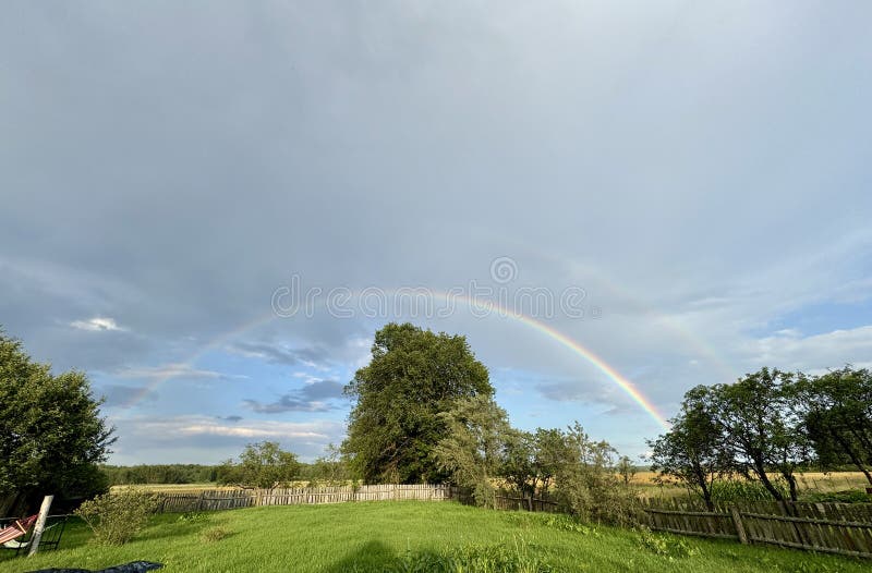Double Rainbow in the Blue Sky. Rural Landscape. Stock Photo - Image of ...