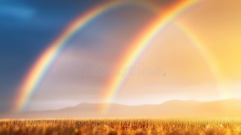 A Double Rainbow Enhances a Tranquil Landscape, with Gentle Sunlight ...