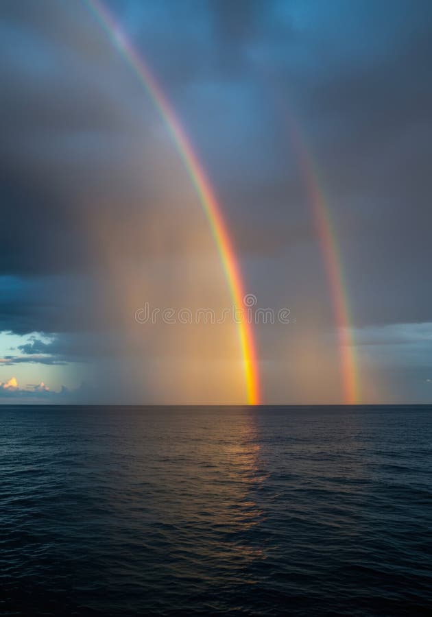 Double Rainbow Over Calm Ocean at Sunset Stock Illustration ...