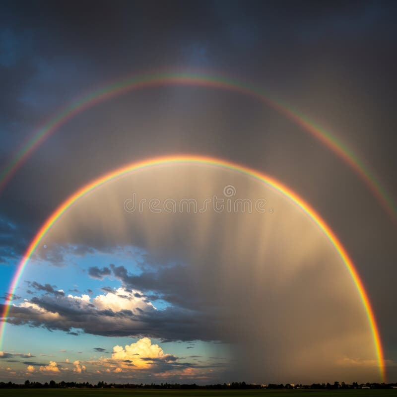 Double Rainbow Over a Field at Sunset Stock Illustration - Illustration ...