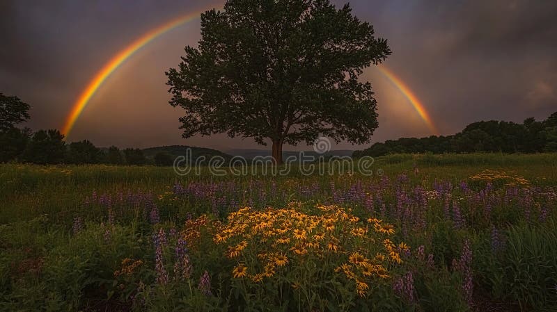 Double Rainbow Over Field Tree Sunset Hills Stock Photos - Free ...