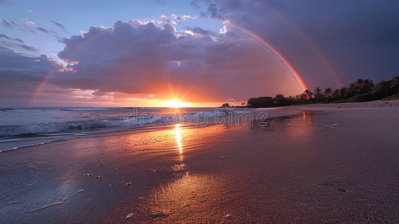 A Double Rainbow Over the Ocean at Sunset on a Beach, AI Stock Image ...
