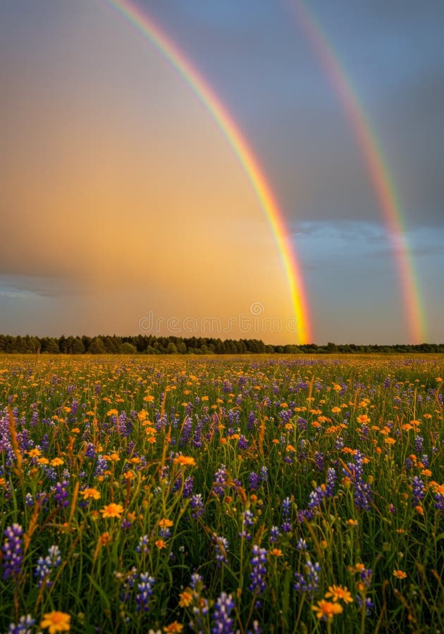 Double Rainbow Over Vibrant Wildflower Field at Sunset Stock ...