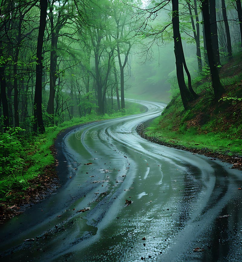 Double Road in Green Forest Stock Illustration - Illustration of ...