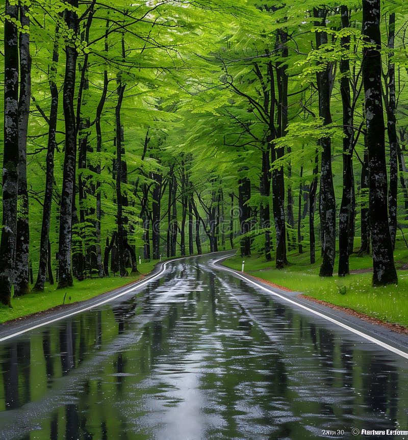 Double Road in Green Forest in Rainy Season with Empty Highway in ...