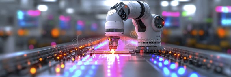 Double Robotic Arms Assemble Glowing Tech Board Stock Illustration ...