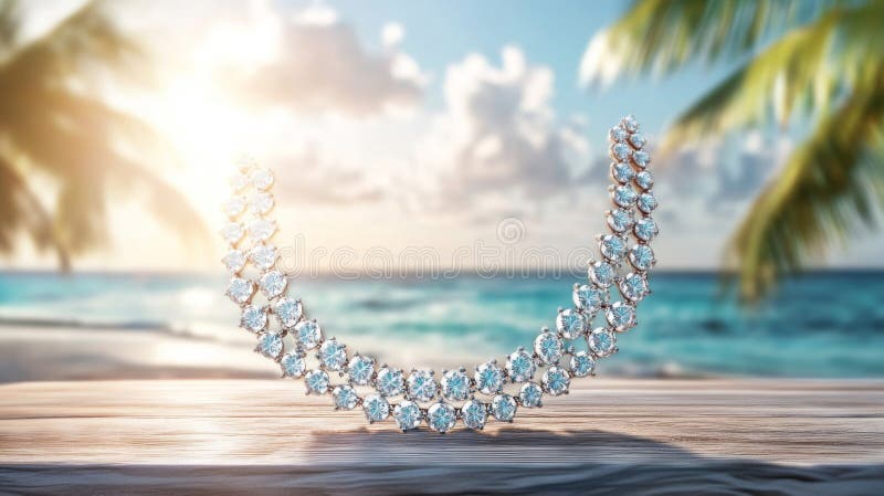 Double Row Diamond Necklace on Tropical Beach at Sunset Stock ...