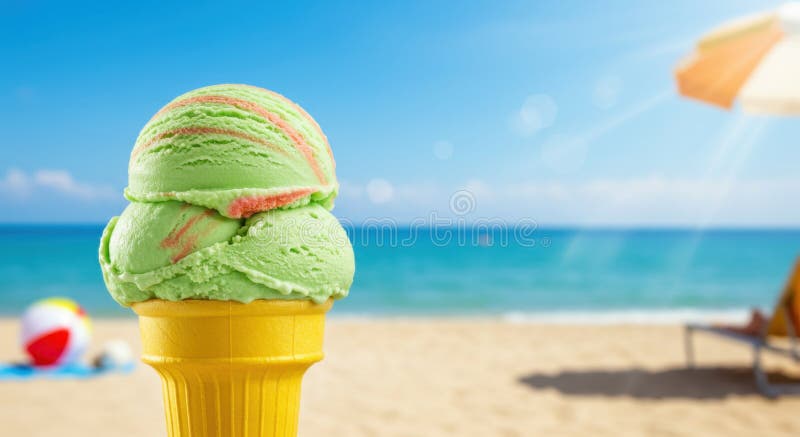 Double Scoop Mint Ice Cream Cone on Sunny Beach Stock Illustration ...