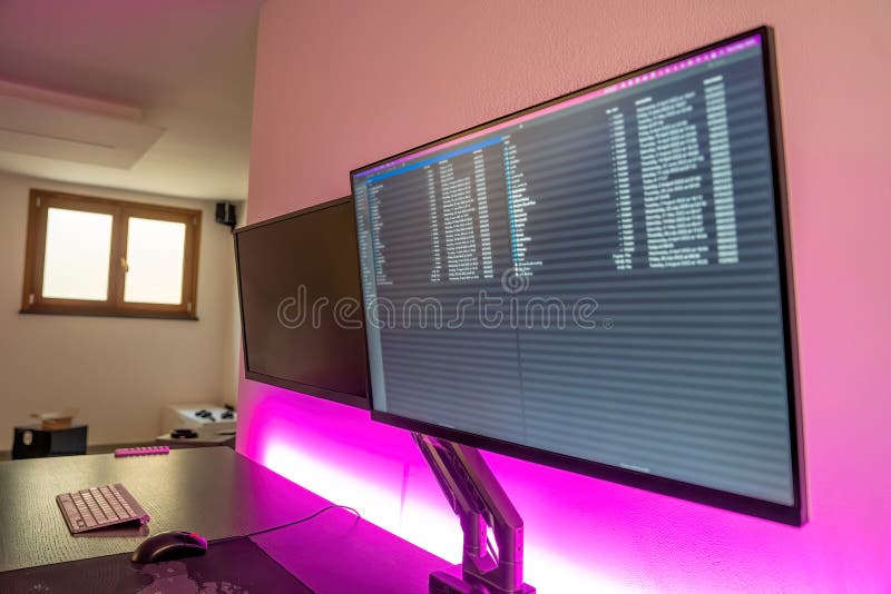 Double Screen Arm and Led Strips in a Modern Office Studio Editorial ...