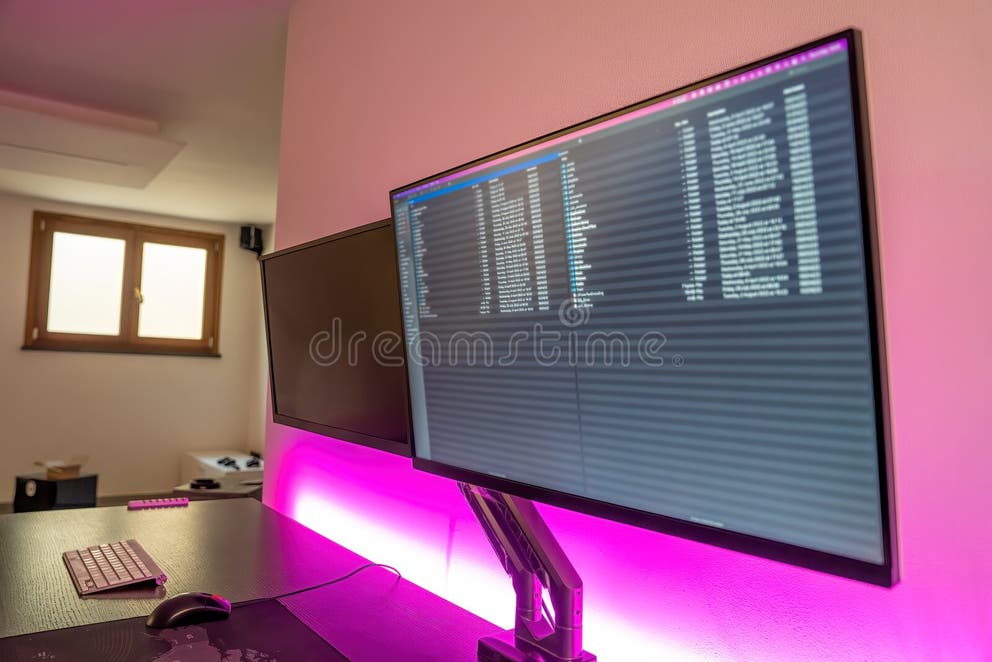 Double Screen Arm and Led Strips in a Modern Office Studio Editorial ...