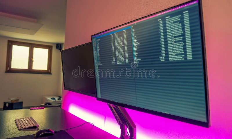 Double Screen Arm and Led Strips in a Modern Office Studio Editorial ...