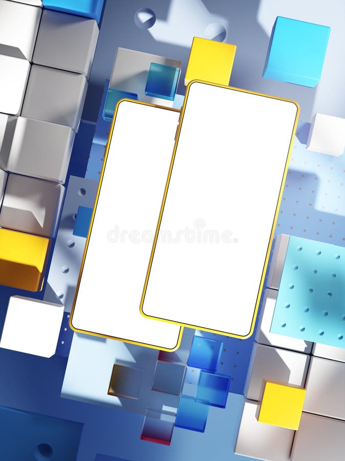 Double Screen Template Mockup Smartphone Abstract Blue Cubes 3D Render ...