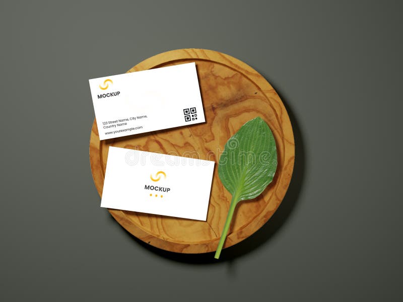 Double-Side of Visiting Card Mockup with Leaf Over Round Wooden Stock ...