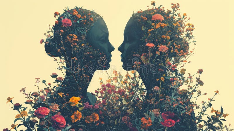 Double Silhouette of Faces Merging with Floral Elements Stock Photo ...