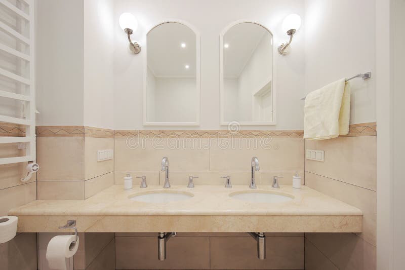 Double Sink with Faucet and Mirror in the Bathroom Stock Image - Image ...