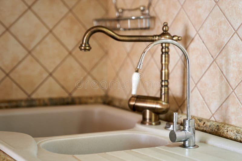 Double Sink with Two Taps Built into a White Kitchen Table Stock Image ...