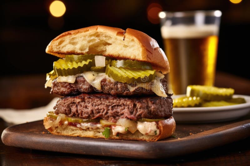Double Stack Beef Burger with Pickle Stock Photo - Image of beef ...
