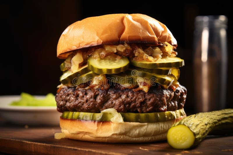 Double Stack Beef Burger with Pickle Stock Photo - Image of american ...