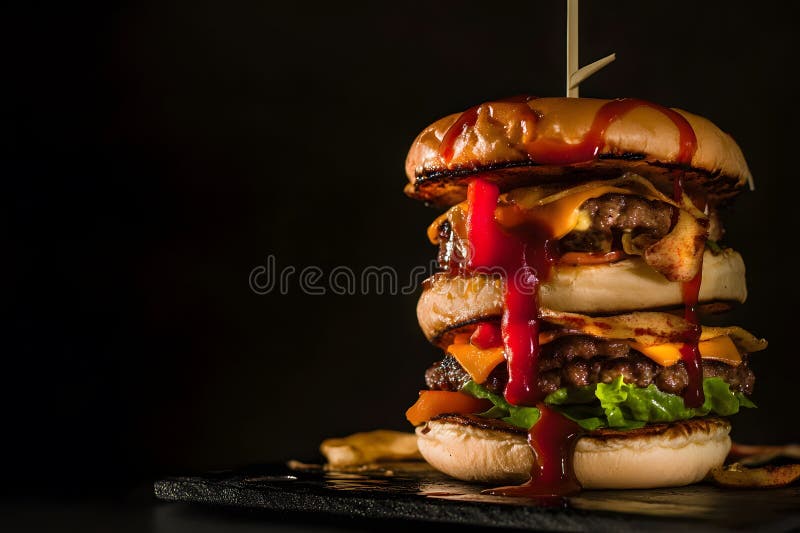 Double-stack Burger Tower, Dripping Sauces, Bold Lighting, Focus on ...