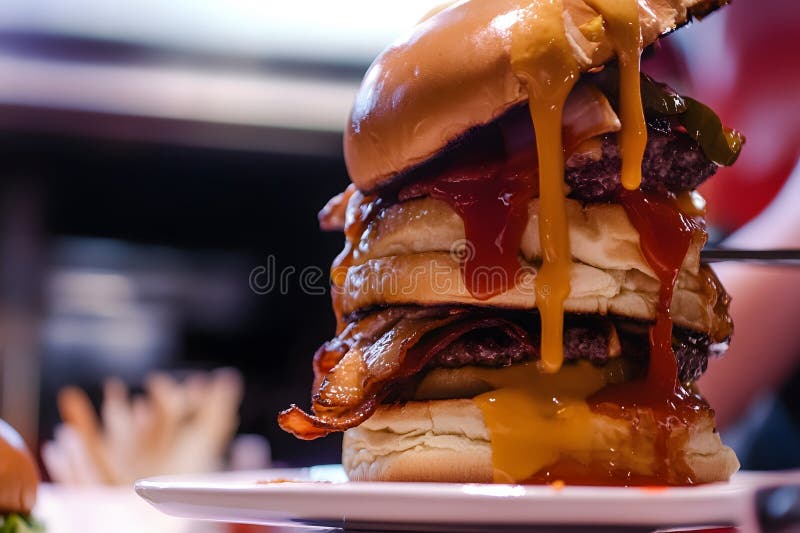 Double-stack Burger Tower, Dripping Sauces, Bold Lighting, Focus on ...