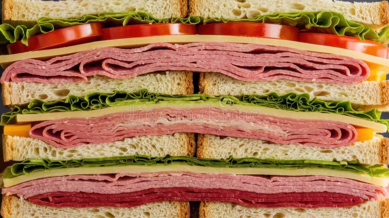 Double Stack of Sandwiches with Meat, Cheese, Lettuce, and Tomato Stock ...