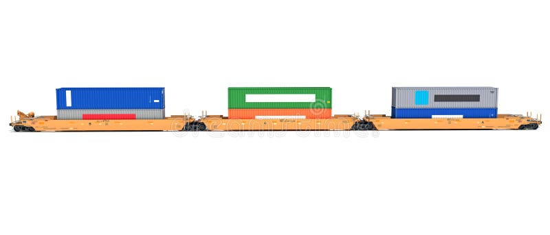 Double Stack Train Cars with Containers 3D Rendering on White ...