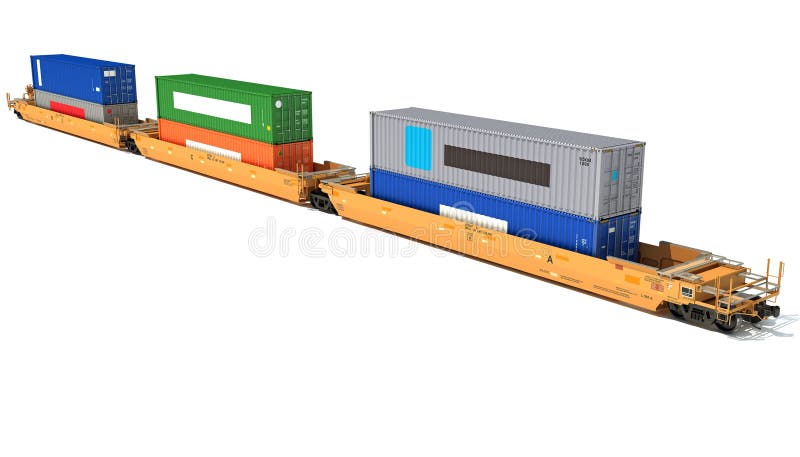 Double Stack Train Cars with Containers 3D Rendering on White ...