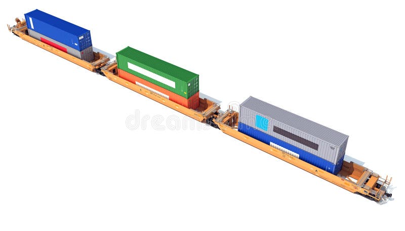 Double Stack Train Cars with Containers 3D Rendering on White ...