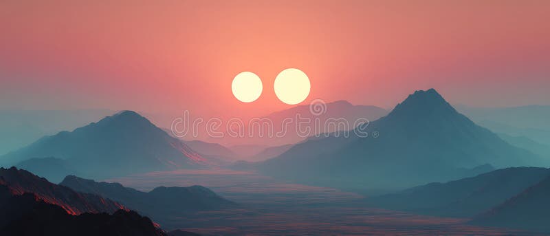 Double Sunset Mountain Landscape Misty Peaks and Twin Suns Stock Image ...