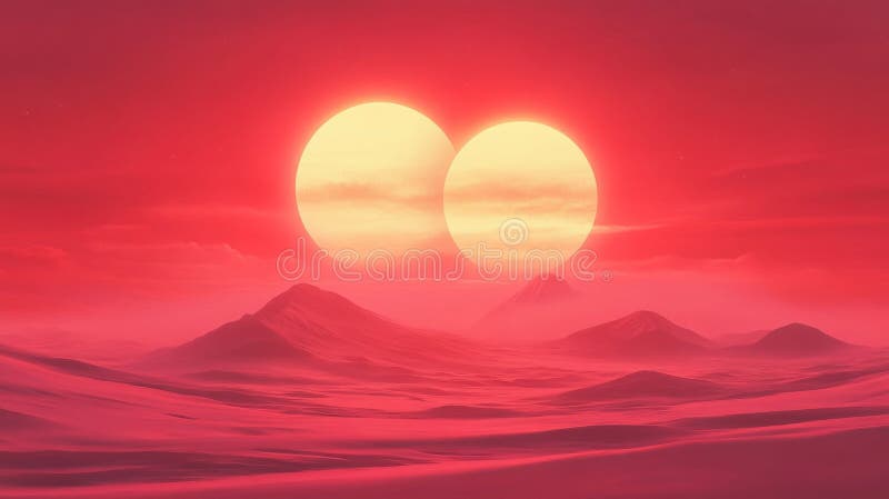 Double Sunset Over Pink Desert Mountains Stock Illustration ...