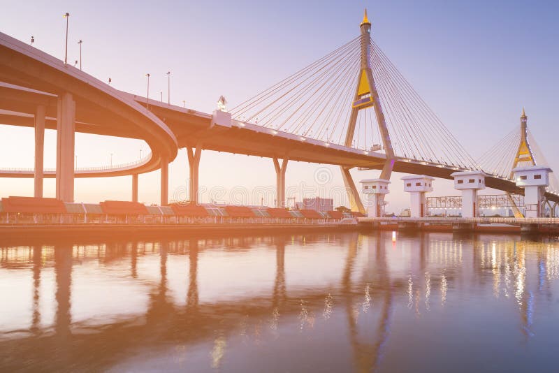 Double Suspension Bridge River Front Editorial Image - Image of evening ...