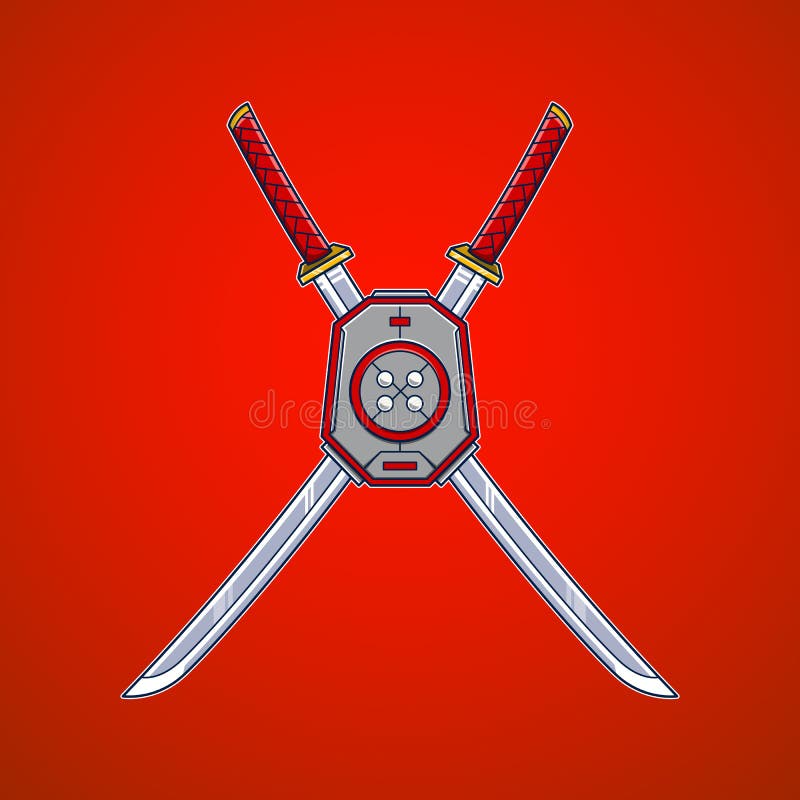 Double Sword and Shield Cartoon Logo Design Stock Vector - Illustration ...