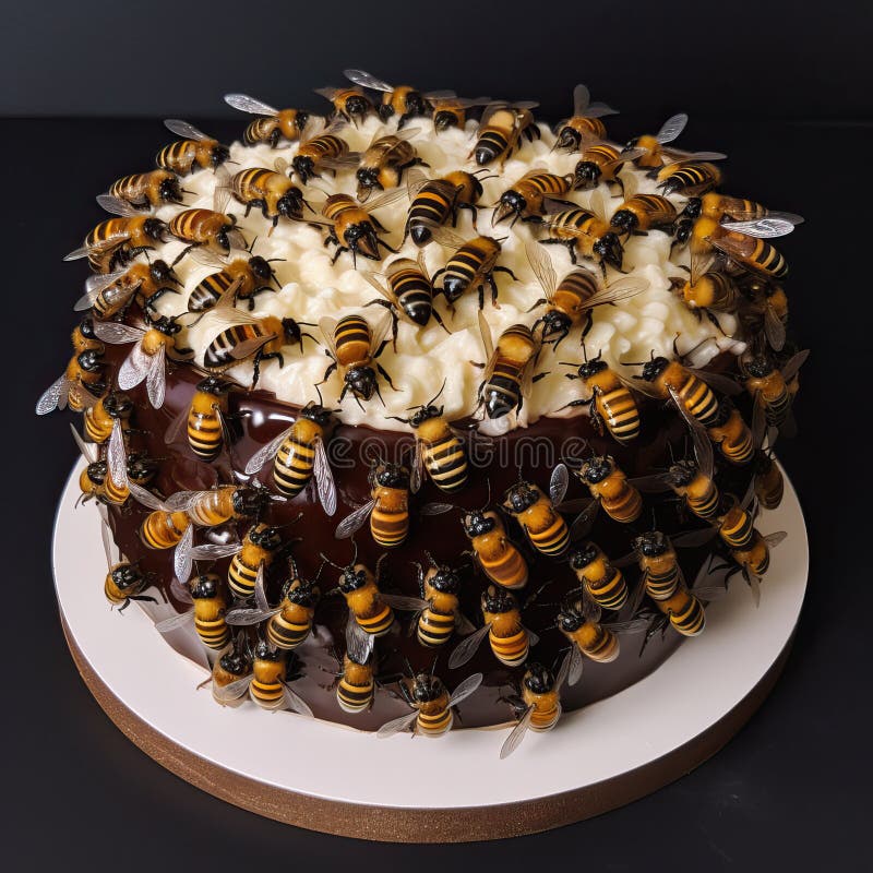 Double Taste Chocolate and Cream Cake with Bees. Illustration Generative AI (Real 300 DPI) Stock ...