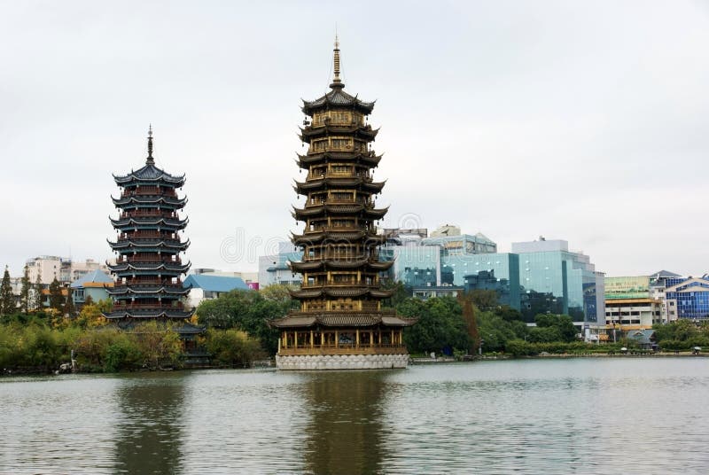 Double towers in park stock photo. Image of pagoda, water - 17517466