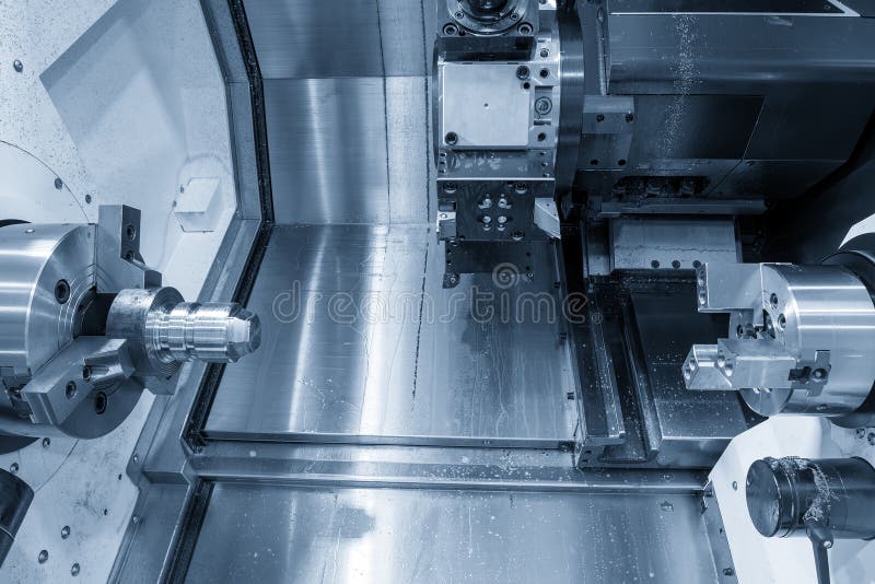 The Double Turret CNC Lathe Machine in the Light Blue Scene Stock Image ...