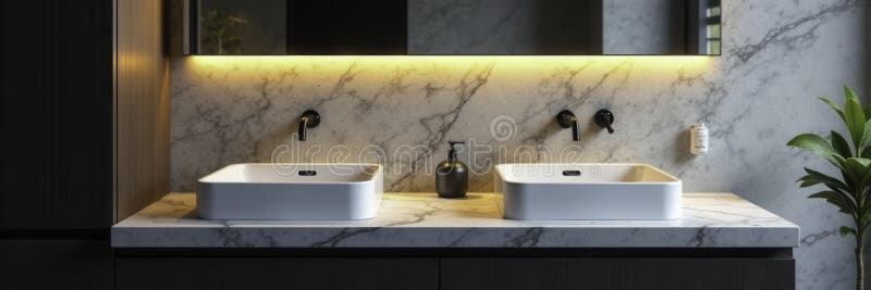 Double Vanity with LED Lighting and Grey Marble Countertops, Grey ...