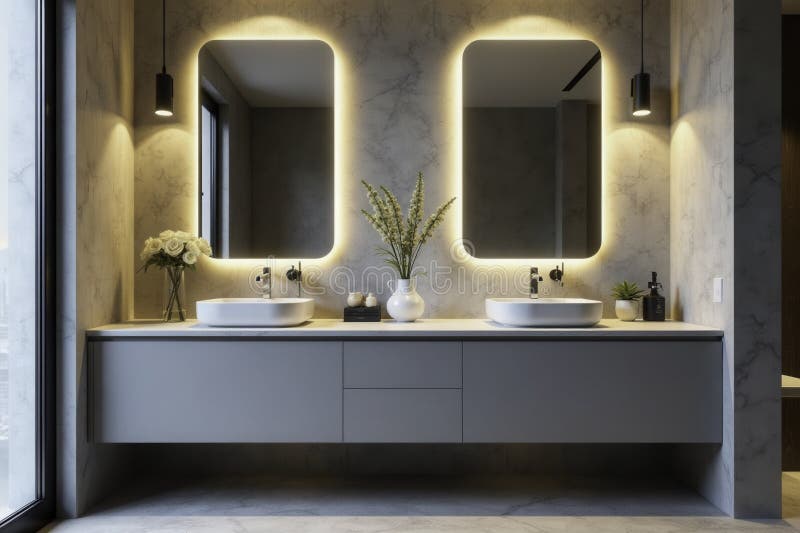 Double Vanity with LED Lighting and Grey Marble Countertops ...