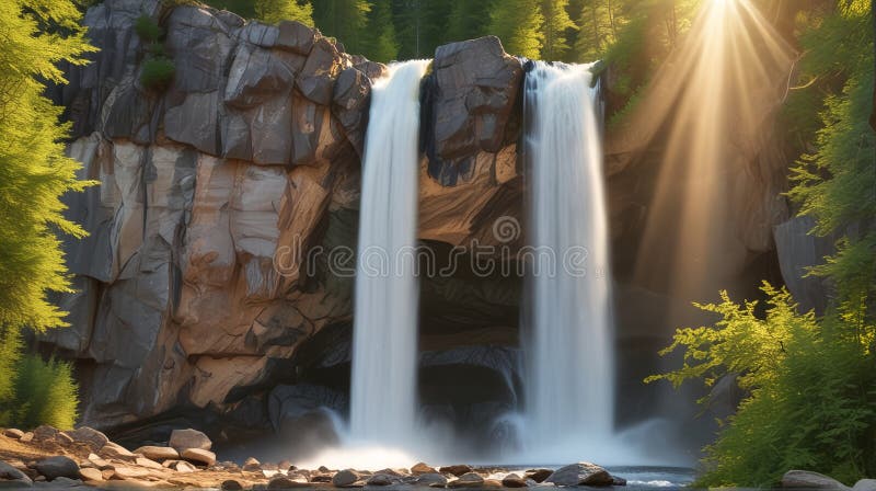 Double Waterfall Falling from a Cliff at Sunrise Stock Illustration ...