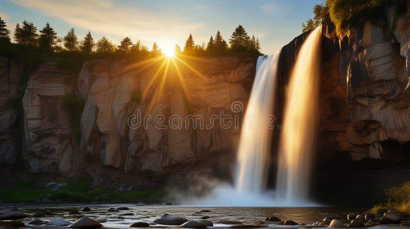Double Waterfall Falls from a Cliff in the Summer Sun Stock Image ...