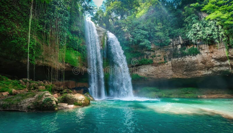 A Double Waterfall Surrounded by Green Vegetation in a Rainforest ...